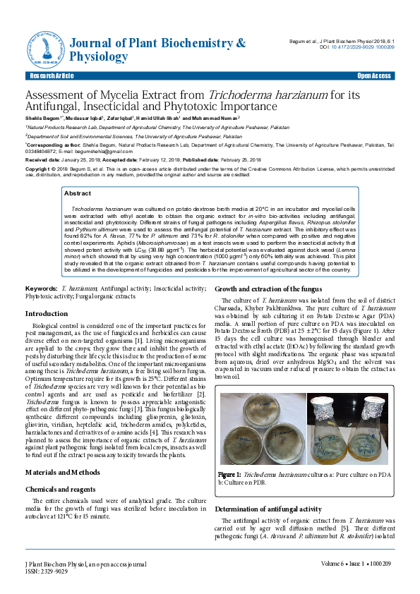 (PDF) Assessment of Mycelia Extract from Trichoderma harzianum for its Antifungal, Insecticidal ...