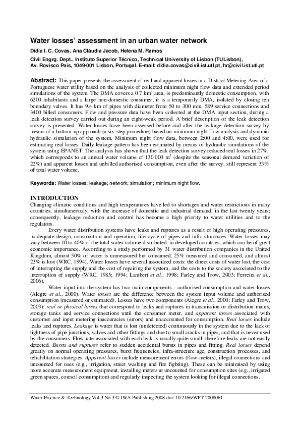 (PDF) Water losses' assessment in an urban water network