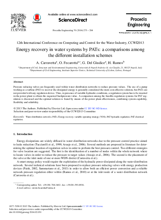 (PDF) Energy Recovery in Water Systems by PATs: A Comparisons among the ...