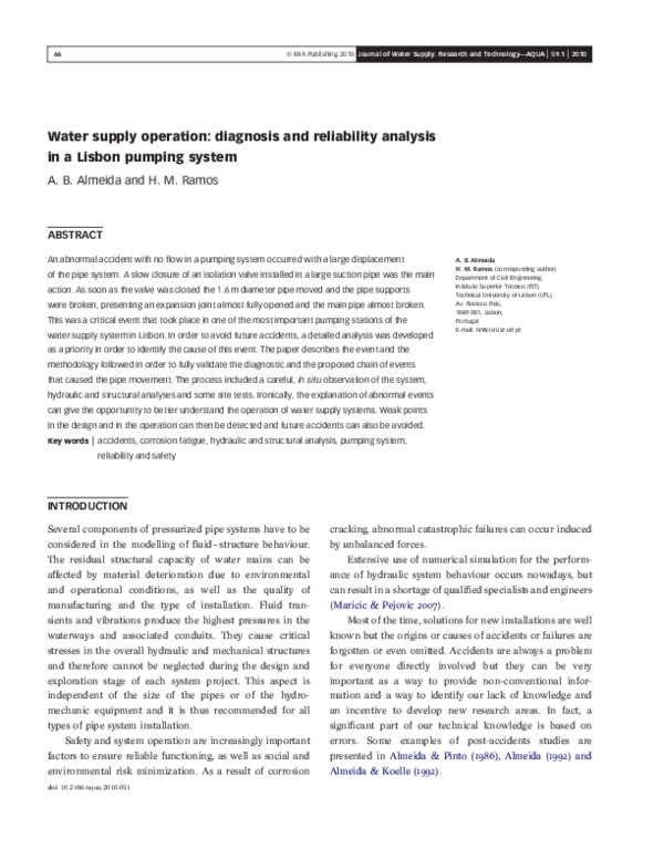 (PDF) Water supply operation: diagnosis and reliability analysis in a ...