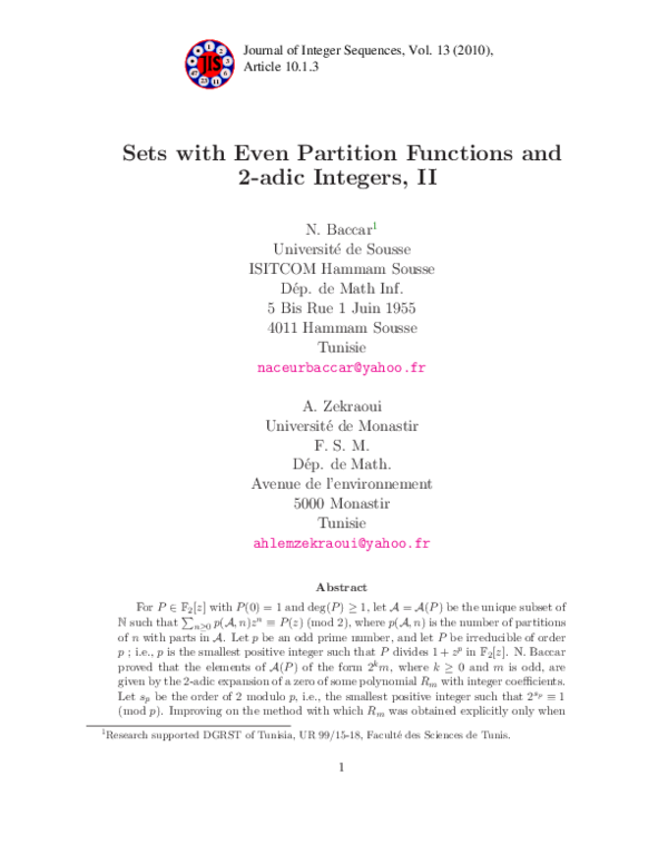 (PDF) Sets with even partition functions and 2-adic integers
