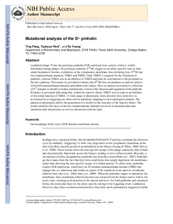 (PDF) Mutational analysis of the S21pinholin