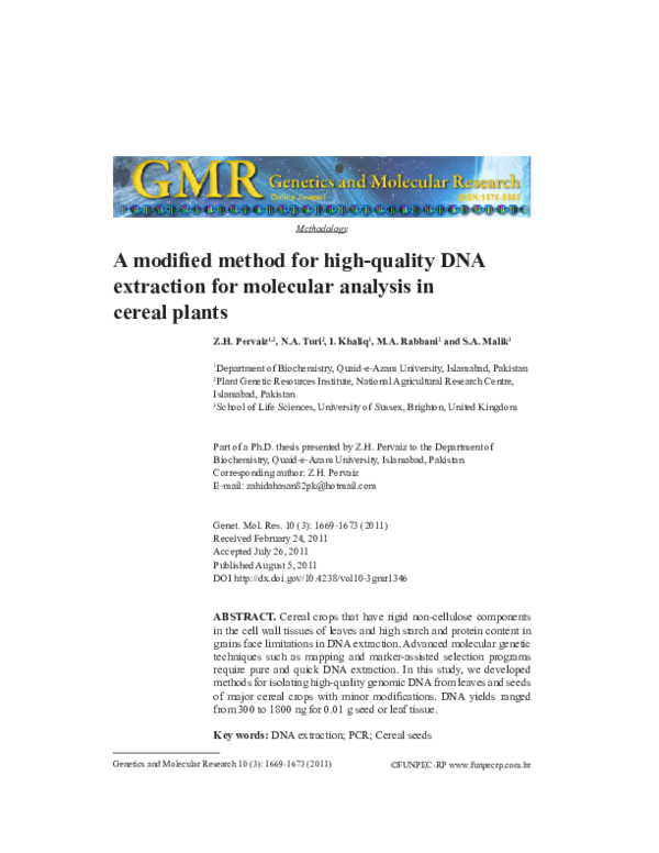 (PDF) Methodology A modified method for high-quality DNA extraction for molecular analysis in ...