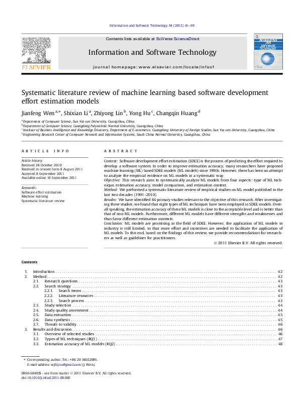 (PDF) Systematic literature review of machine learning based software development effort ...
