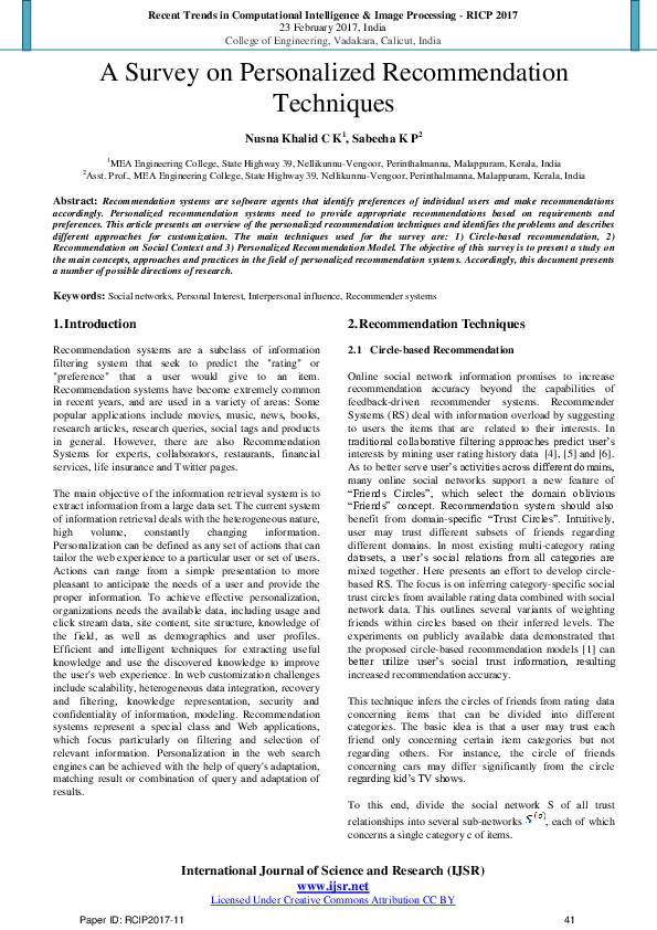 (PDF) A Survey on Personalized Recommendation Techniques