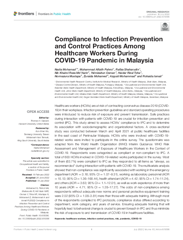 Pdf Compliance To Infection Prevention And Control Practices Among