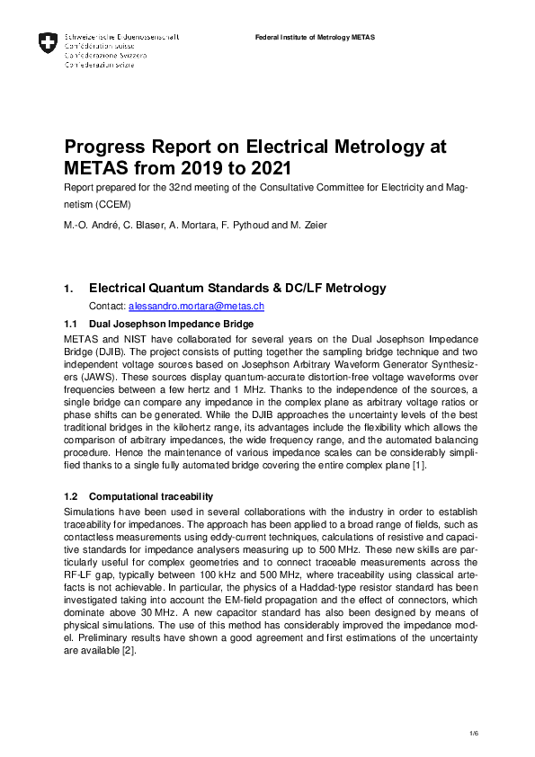 (PDF) Progress Report on Electrical Metrology at METAS from 2019 to 2021