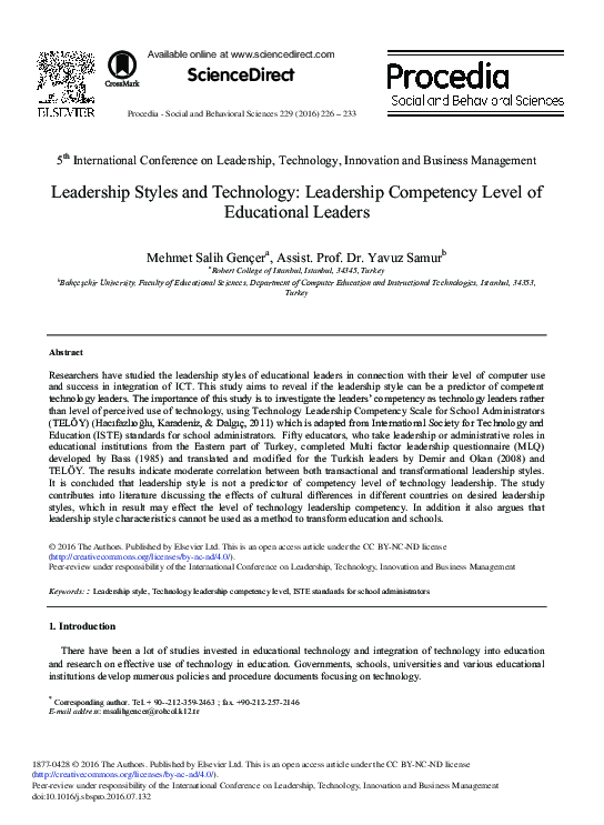 (PDF) Leadership Styles and Technology: Leadership Competency Level of ...