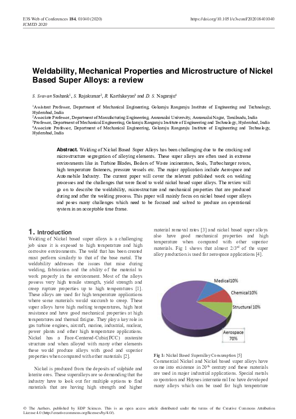 (PDF) Weldability, Mechanical Properties and Microstructure of Nickel Based Super Alloys: a review