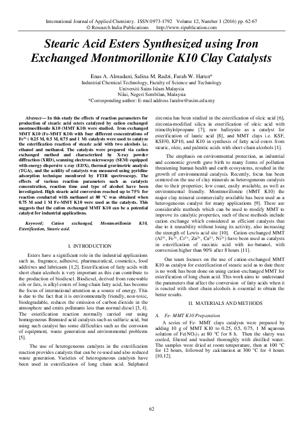(PDF) Stearic Acid Esters Synthesized using Iron Exchanged ...