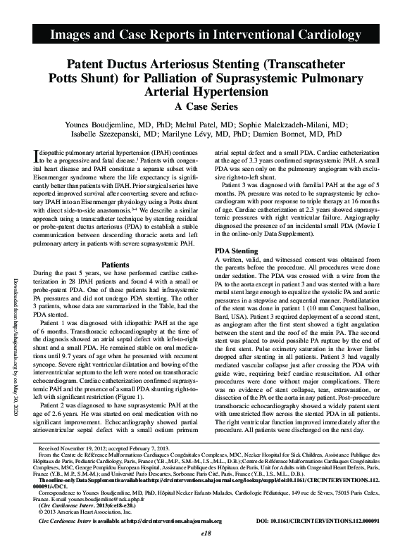 (PDF) Patent ductus arteriosus stenting (transcatheter Potts shunt) for ...