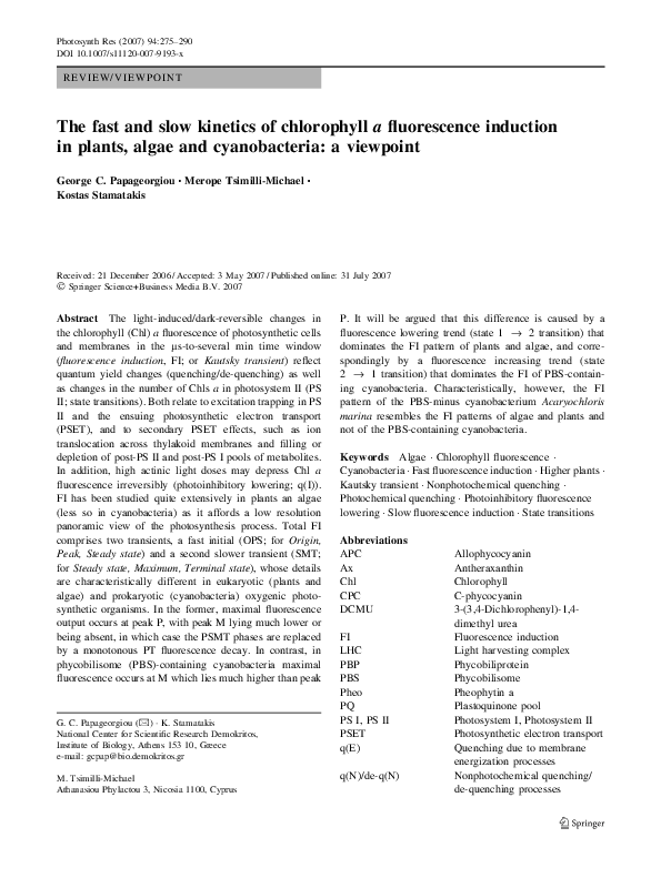 (PDF) The fast and slow kinetics of chlorophyll a fluorescence ...