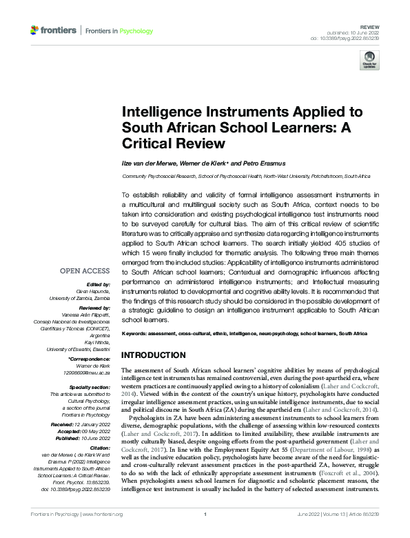 (PDF) Intelligence Instruments Applied to South African School Learners ...
