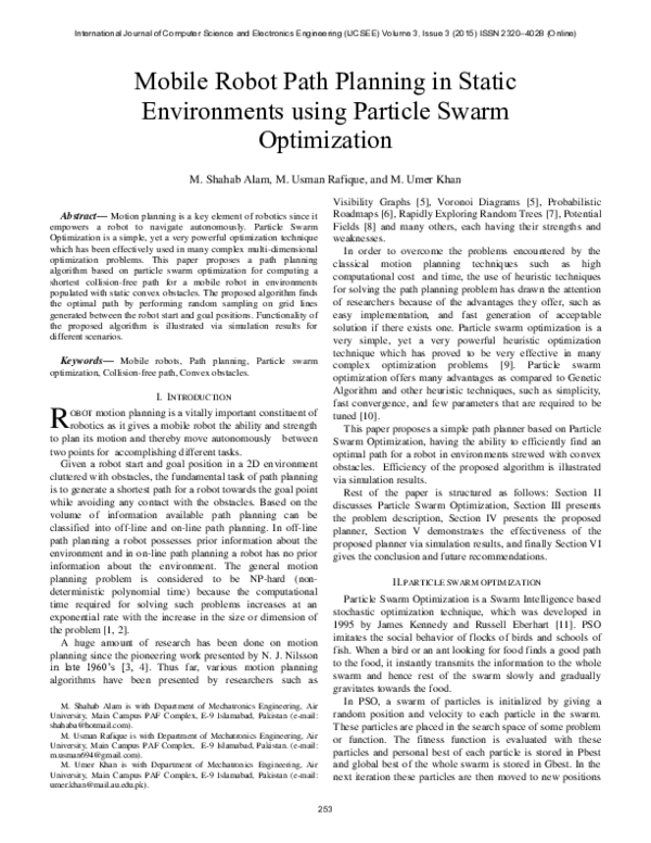(PDF) Mobile Robot Path Planning in Static Environments using Particle Swarm Optimization