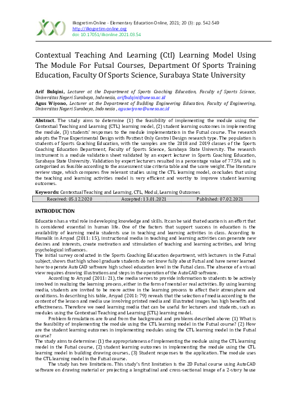 (PDF) Contextual Teaching And Learning (Ctl) Learning Model Using The Module For Futsal Courses ...