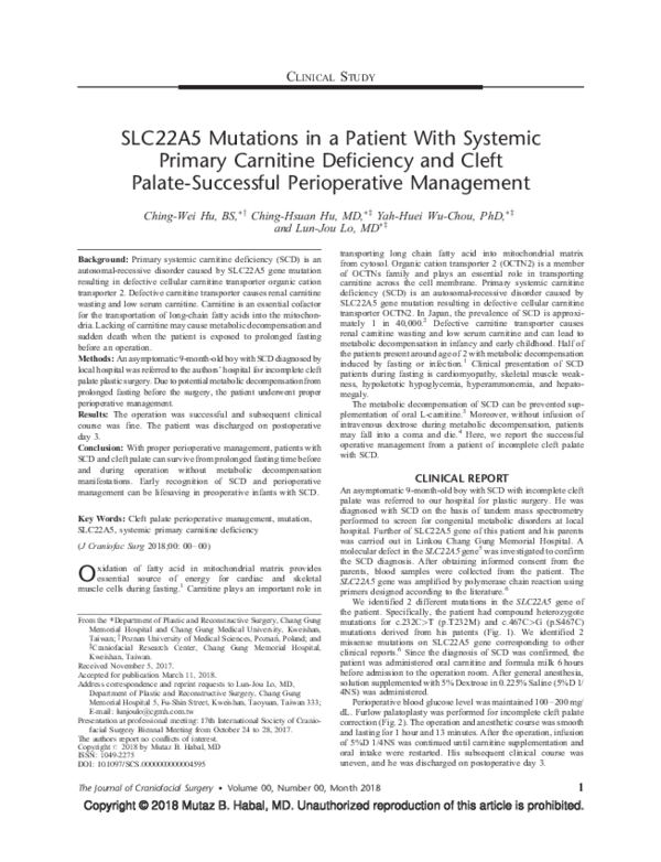 (PDF) SLC22A5 Mutations in a Patient With Systemic Primary Carnitine ...