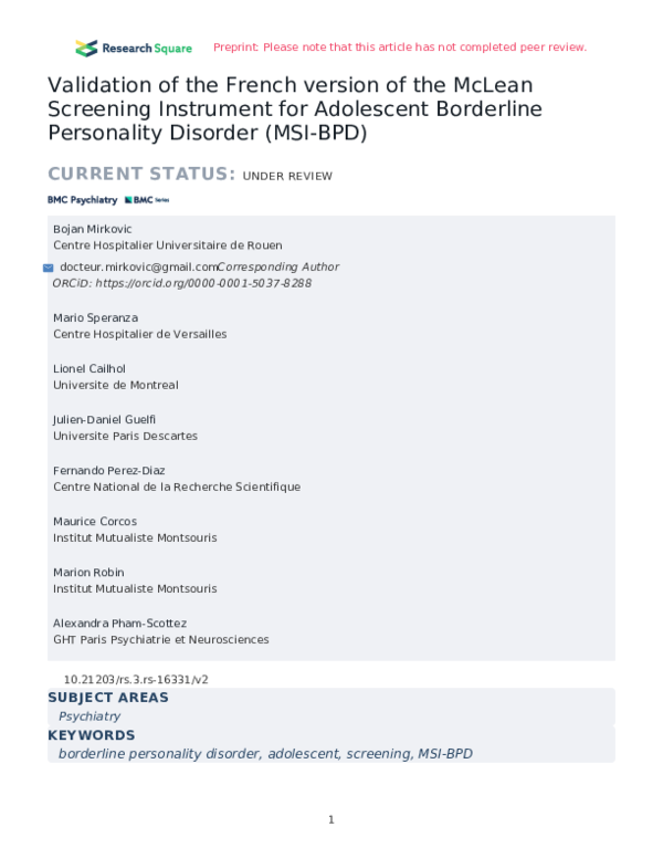 (PDF) Validation of the French version of the McLean Screening ...