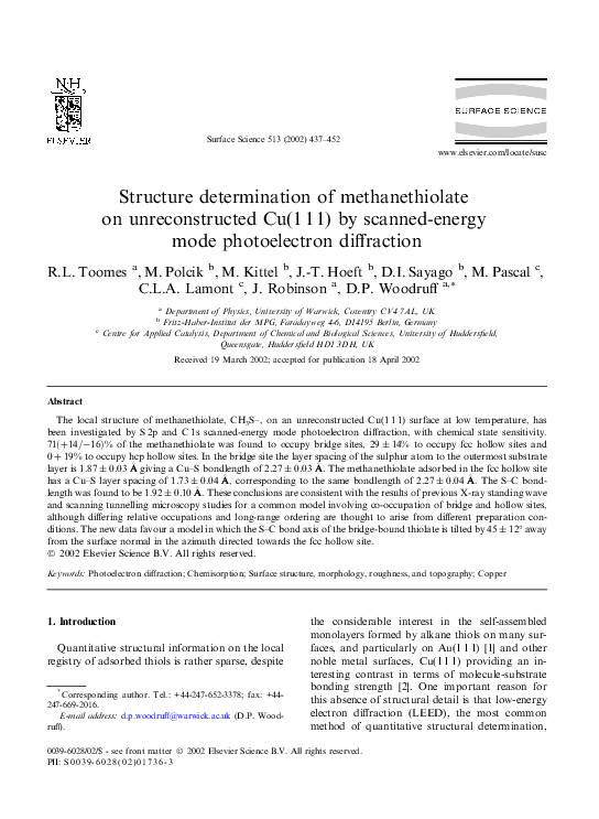 (PDF) Structure determination of methanethiolate on unreconstructed Cu ...