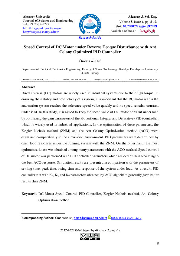 Pdf Speed Control Of Dc Motor Under Reverse Torque Disturbance With Ant Colony Optimized Pid