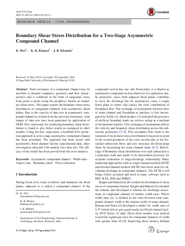 (PDF) Boundary Shear Stress Distribution for a Two-Stage Asymmetric ...