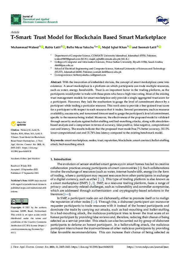 (PDF) T-Smart: Trust Model for Blockchain Based Smart Marketplace