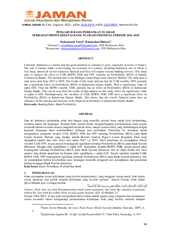 (PDF) Pengaruh Rasio Perbankan Syariah Terhadap Profitabilitas Bank Syariah Indonesia Periode ...