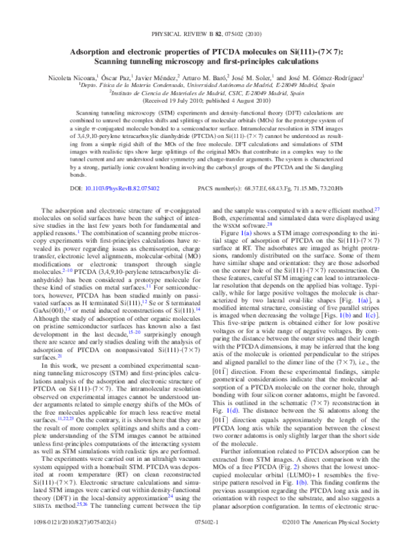 (PDF) Adsorption and electronic properties of PTCDA molecules onSi(111 ...