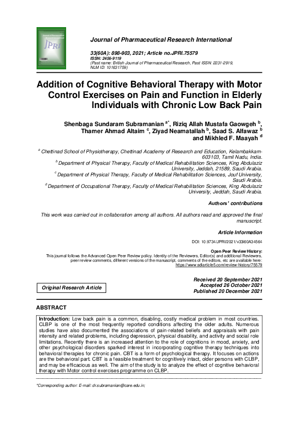 (PDF) Addition of Cognitive Behavioral Therapy with Motor Control Exercises on Pain and Function ...