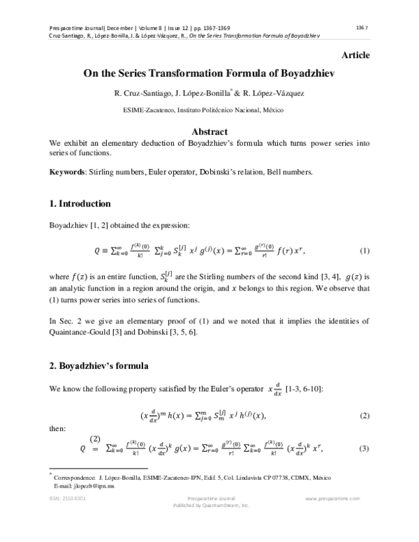 (PDF) On the Series Transformation Formula of Boyadzhiev