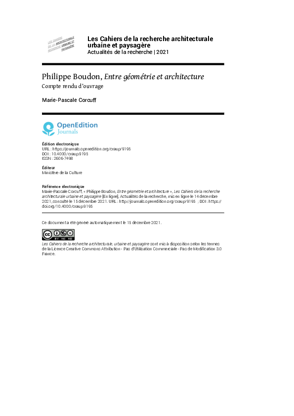 (PDF) Philippe Boudon, Entre géométrie et architecture. Compte-rendu d ...