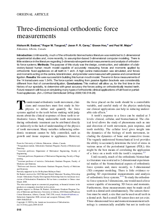 (PDF) Three-dimensional orthodontic force measurements