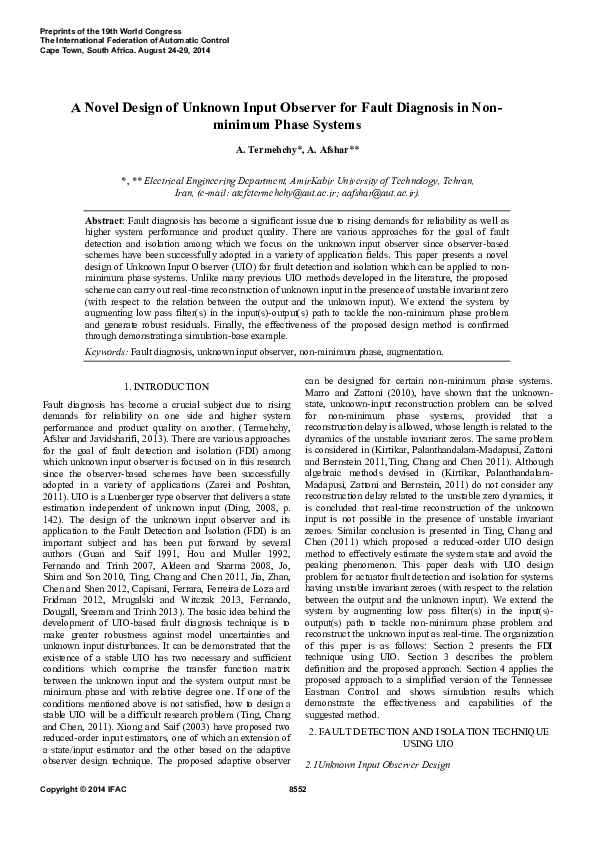 (PDF) A Novel Design of Unknown Input Observer for Fault Diagnosis in Non-Minimum Phase Systems