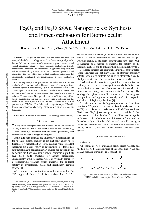 (PDF) Fe3O4 And Fe3O4@Au Nanoparticles: Synthesis And Functionalisation For Biomolecular Attachment