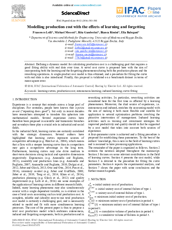 (PDF) Modelling production cost with the effects of learning and forgetting