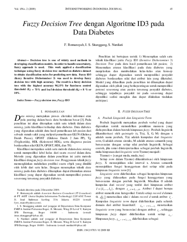 Pdf Fuzzy Decision Tree Dengan Algoritme Id3 Pada Data Diabetes Sri Nurdiati