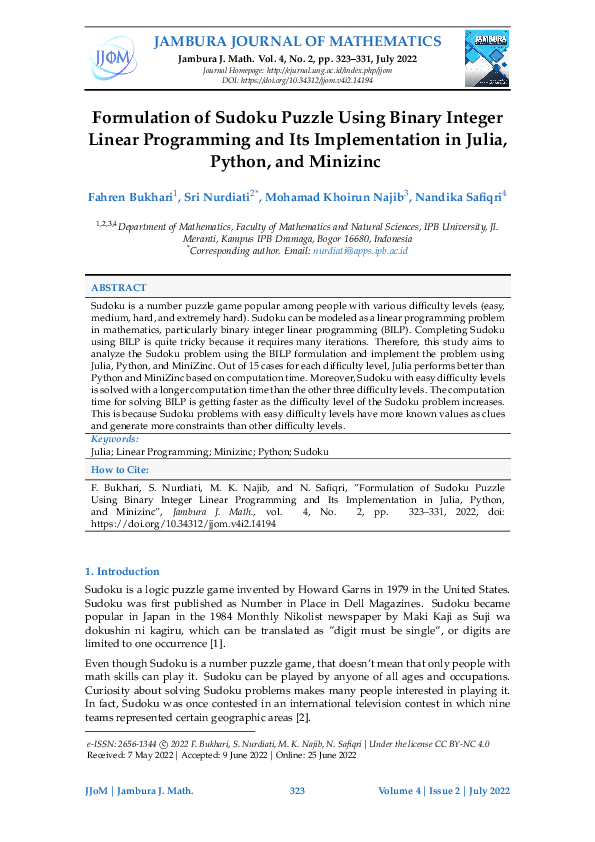 Pdf Formulation Of Sudoku Puzzle Using Binary Integer Linear