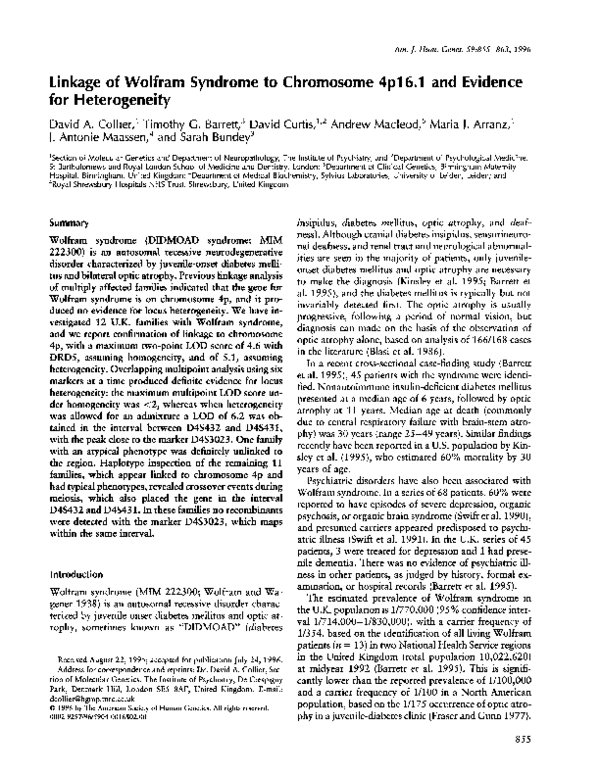 (PDF) Linkage of Wolfram syndrome to chromosome 4p16.1 and evidence for ...