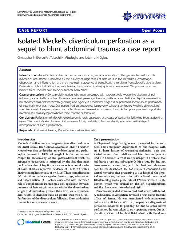 (PDF) Isolated Meckel’s diverticulum perforation as a sequel to blunt abdominal trauma: a case ...