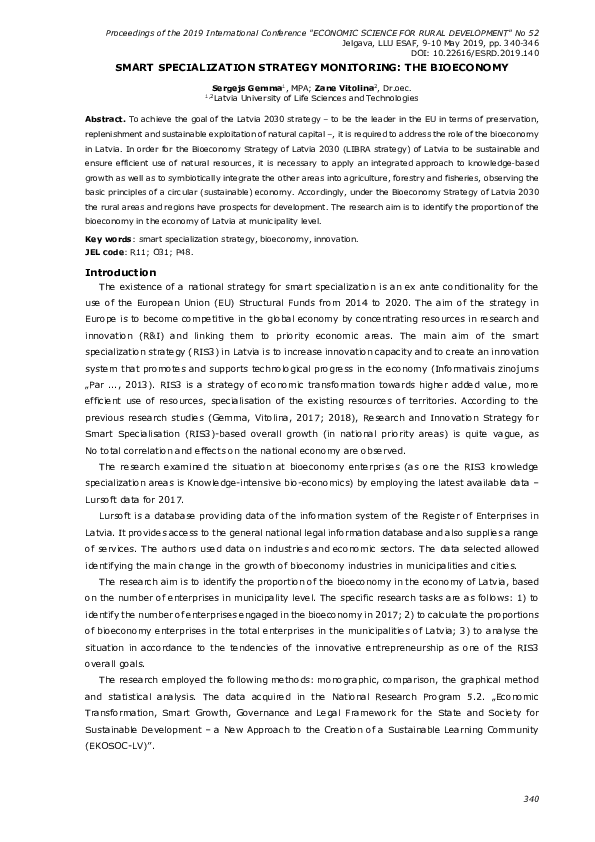(PDF) Smart specialization strategy monitoring: the bioeconomy