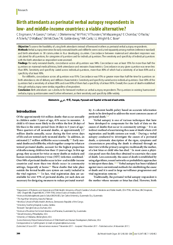 (PDF) Birth Attendants as Perinatal Verbal Autopsy Respondents in Low ...