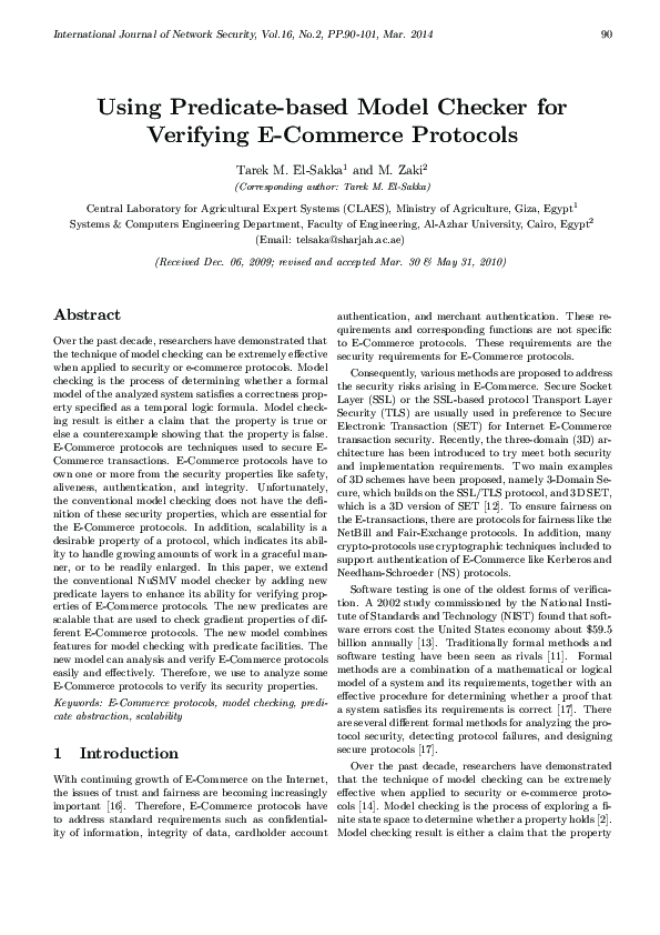 Pdf Using Predicate Based Model Checker For Verifying E Commerce Protocols