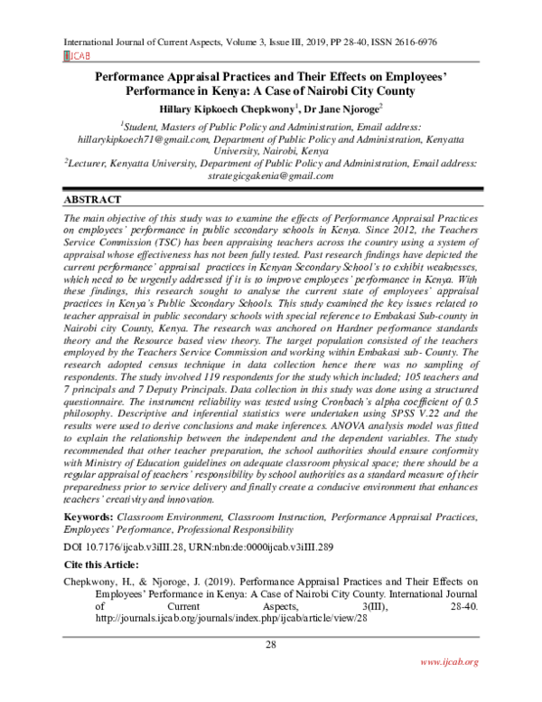 Pdf Performance Appraisal Practices And Their Effects On Employees Performance In Kenya A
