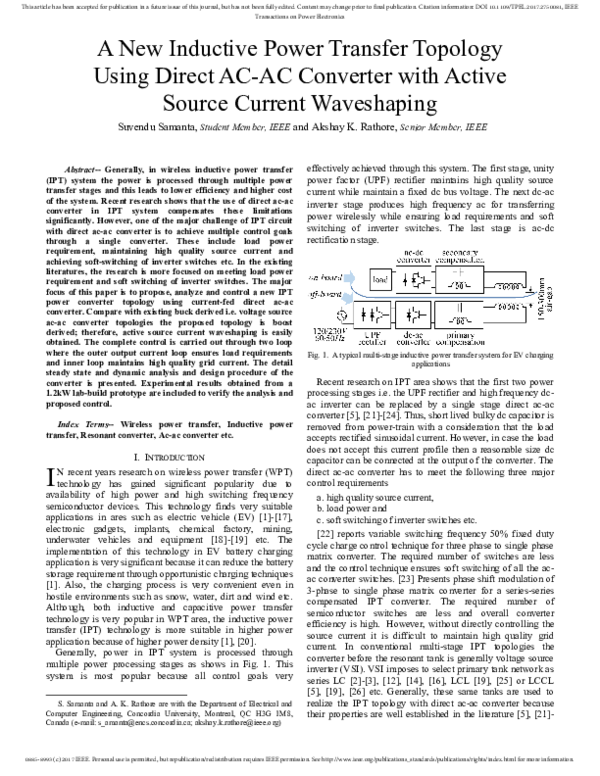 Pdf A New Inductive Power Transfer Topology Using Direct Ac Ac Converter With Active Source