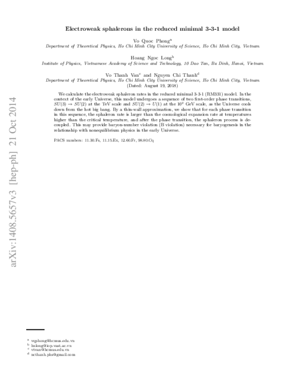 (PDF) Electroweak sphalerons in the reduced minimal 3-3-1 model