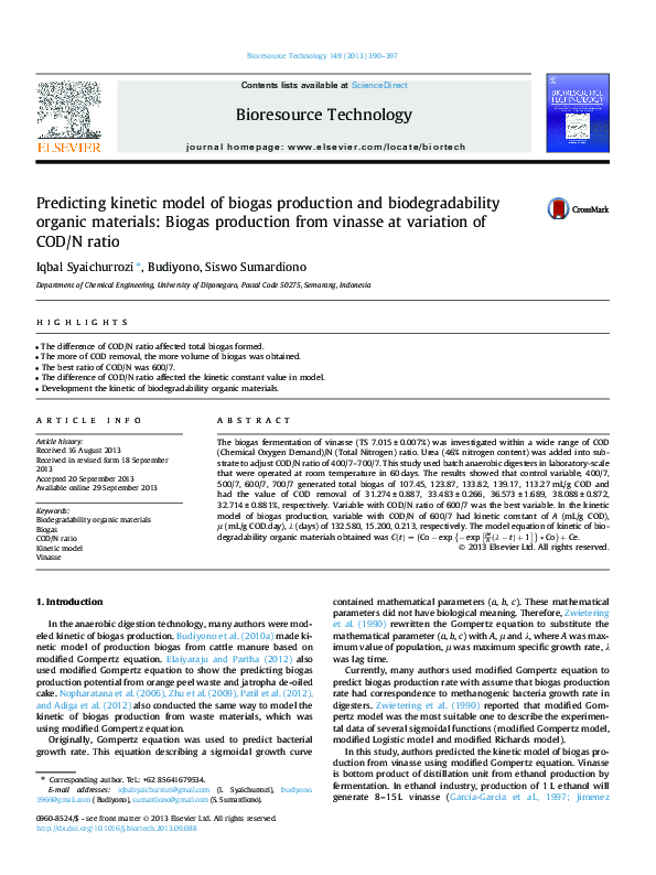 Pdf Predicting Kinetic Model Of Biogas Production And Biodegradability Organic Materials
