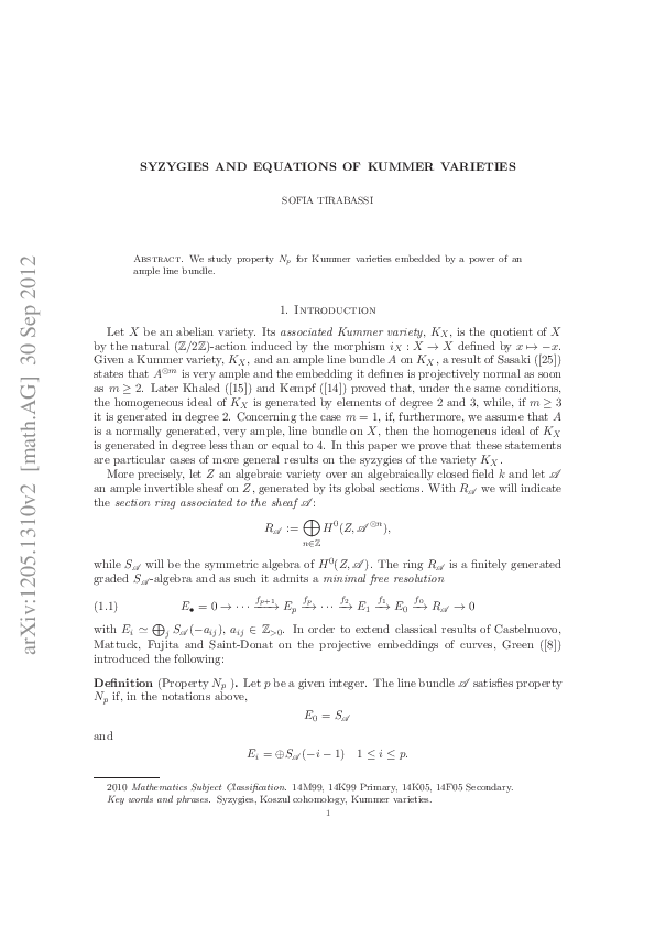 (PDF) Syzygies and equations of Kummer varieties | Sofia Tirabassi - Academia.edu