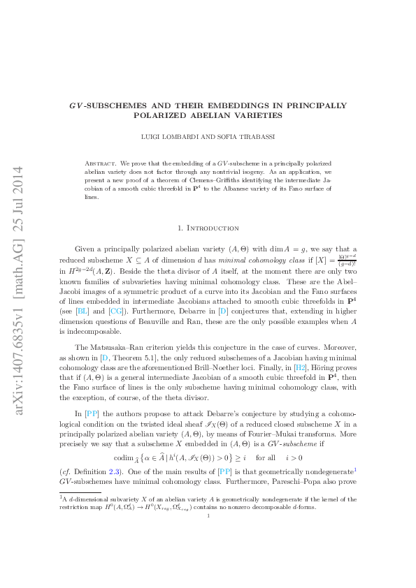 (PDF) GV -subschemes and their embeddings in principally polarized ...