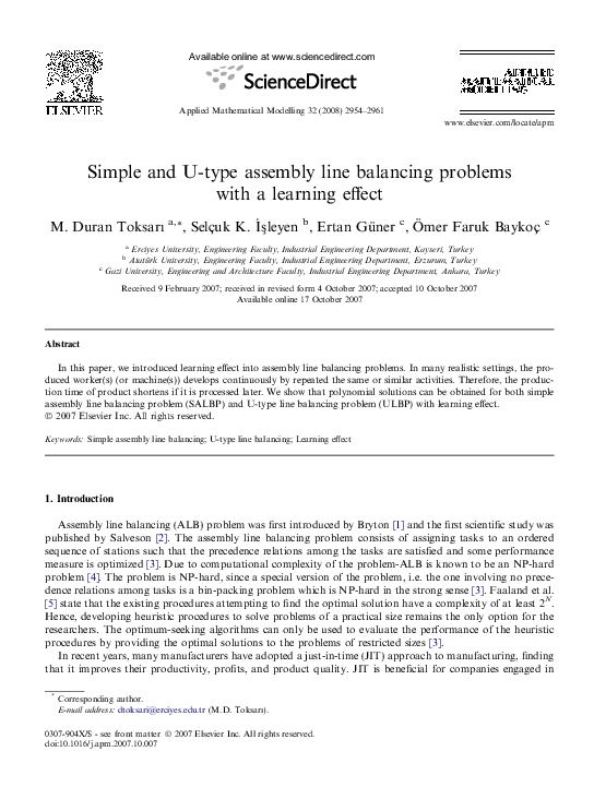 Pdf Simple And U Type Assembly Line Balancing Problems With A Learning Effect