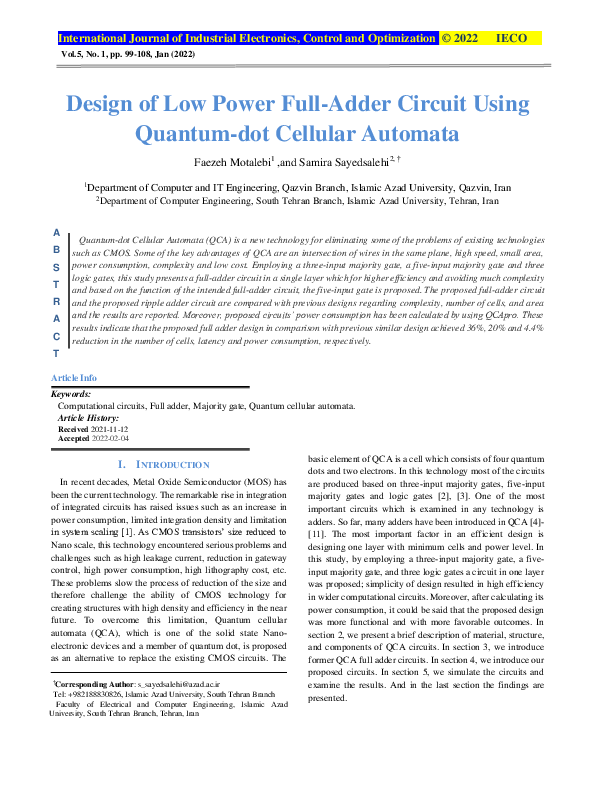 Pdf Design Of Low Power Full Adder Circuit Using Quantum Dot Cellular Automata Ieco Ieco