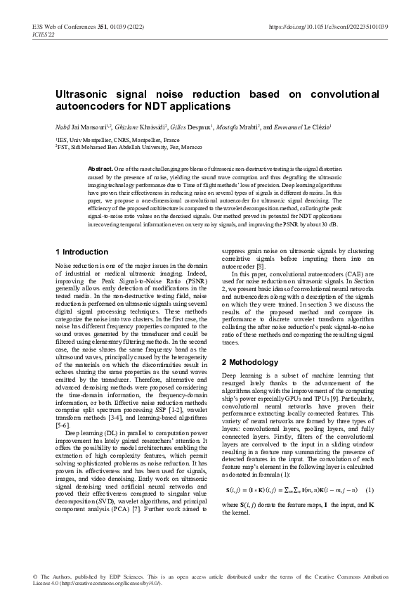 (PDF) Ultrasonic signal noise reduction based on convolutional autoencoders for NDT applications